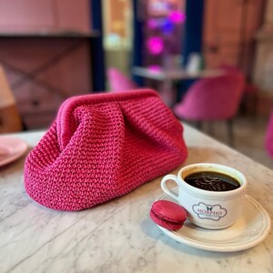 Small Raffia Fuchsia Pouch Clutch Bag for Women, Straw Knitted Raffia ...