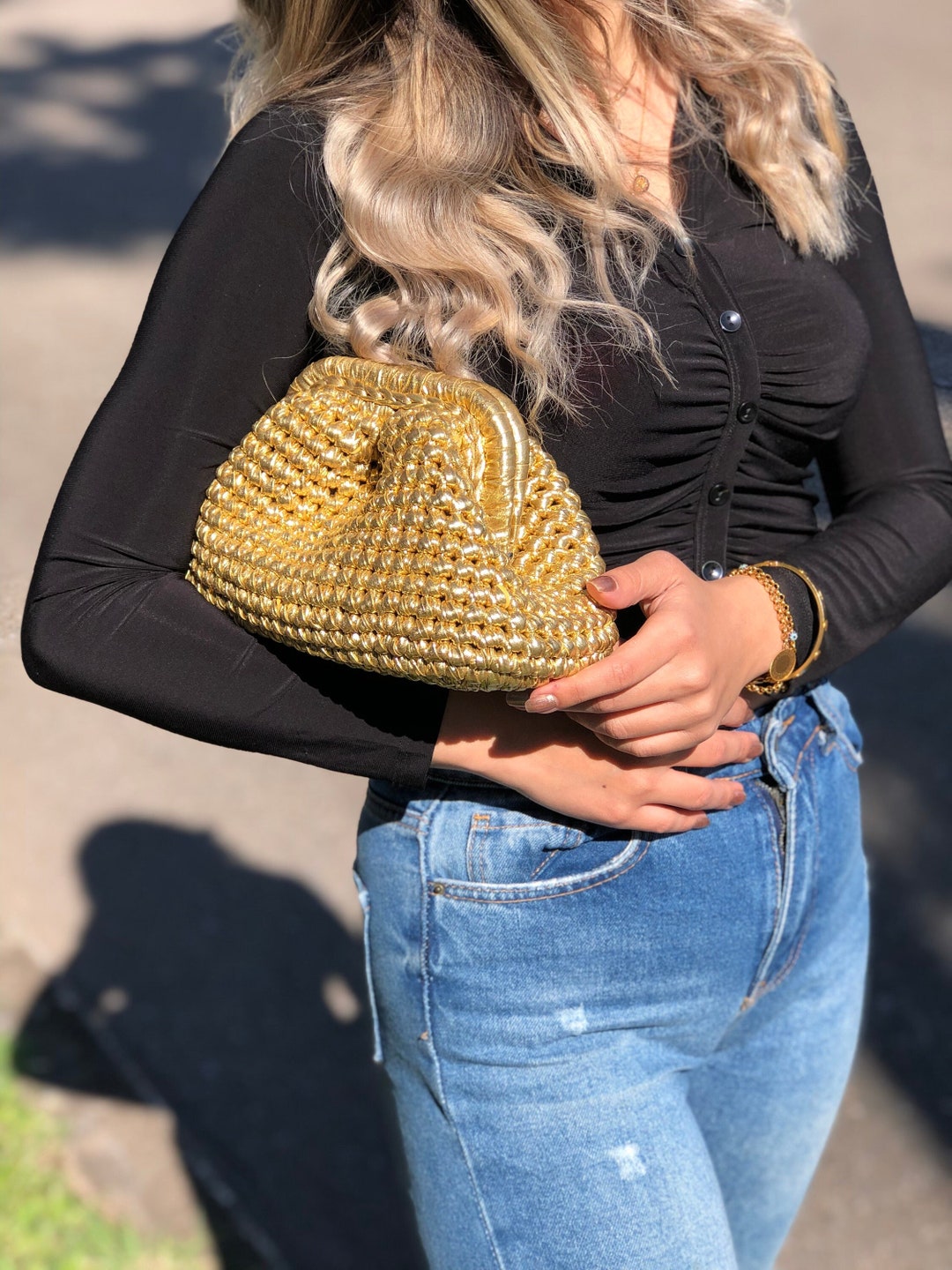 Gold Metallic Pouch Clutch Bag, Evening Gold Clutch Bag, Crochet ...