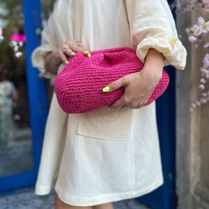 Small Raffia Fuchsia Pouch Clutch Bag for Women, Straw Knitted Raffia ...