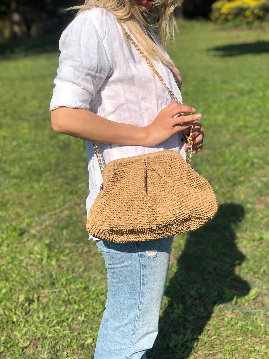 Raffia Camel Pouch Clutch Bag for Women, Natural Summer Handbag ...