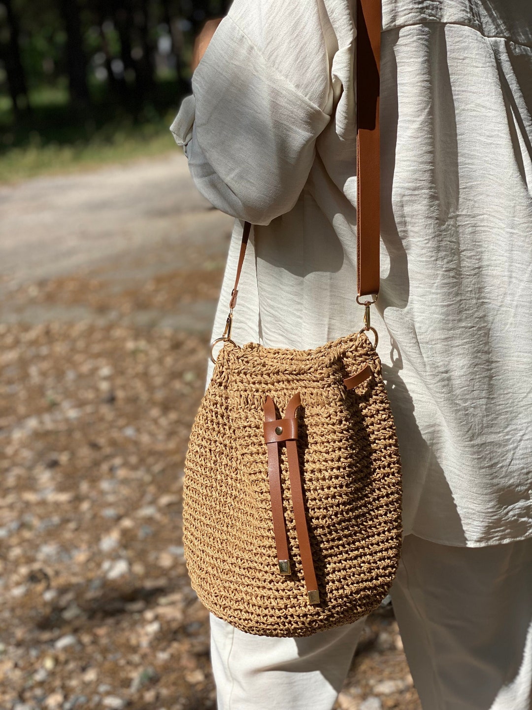 Handmade Raffia Bucket Bag, Raffia Drawstring Bag, Crossbody Bag in ...