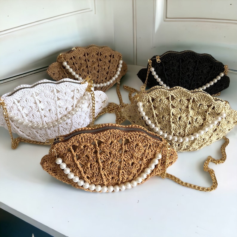 Crochet Raffia Oyster Shell Bag, Pearly Mussel Crossbody Bag, Knitted ...