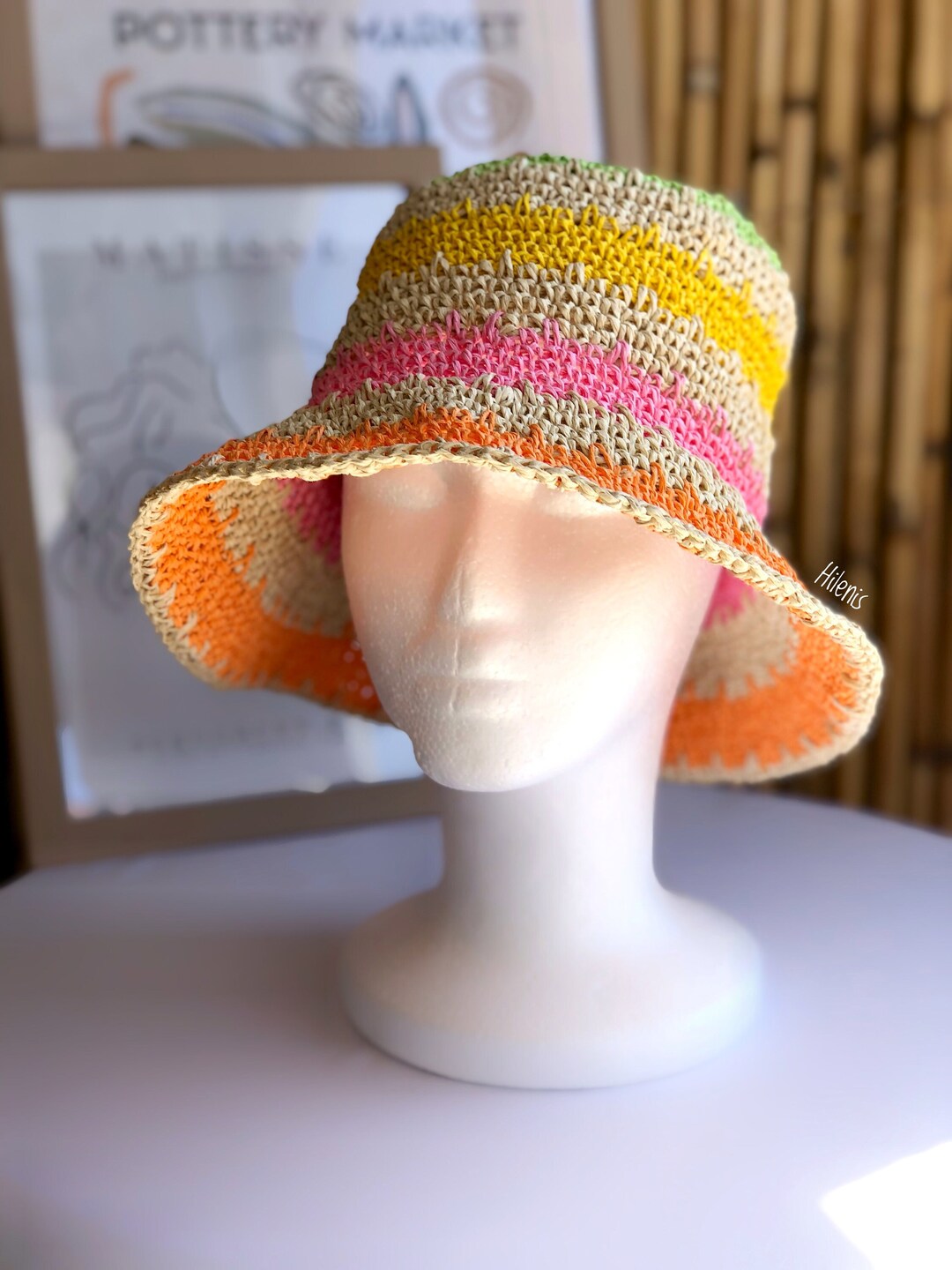 Crochet Raffia Bucket Hat, Unique Design Hat, Crochet Beach Hat, Summer ...