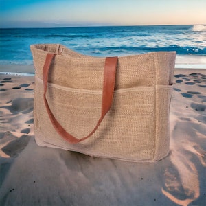Jute Tote Bag for Women, Natural Summer Shoulder Bag, Handmade Beach ...