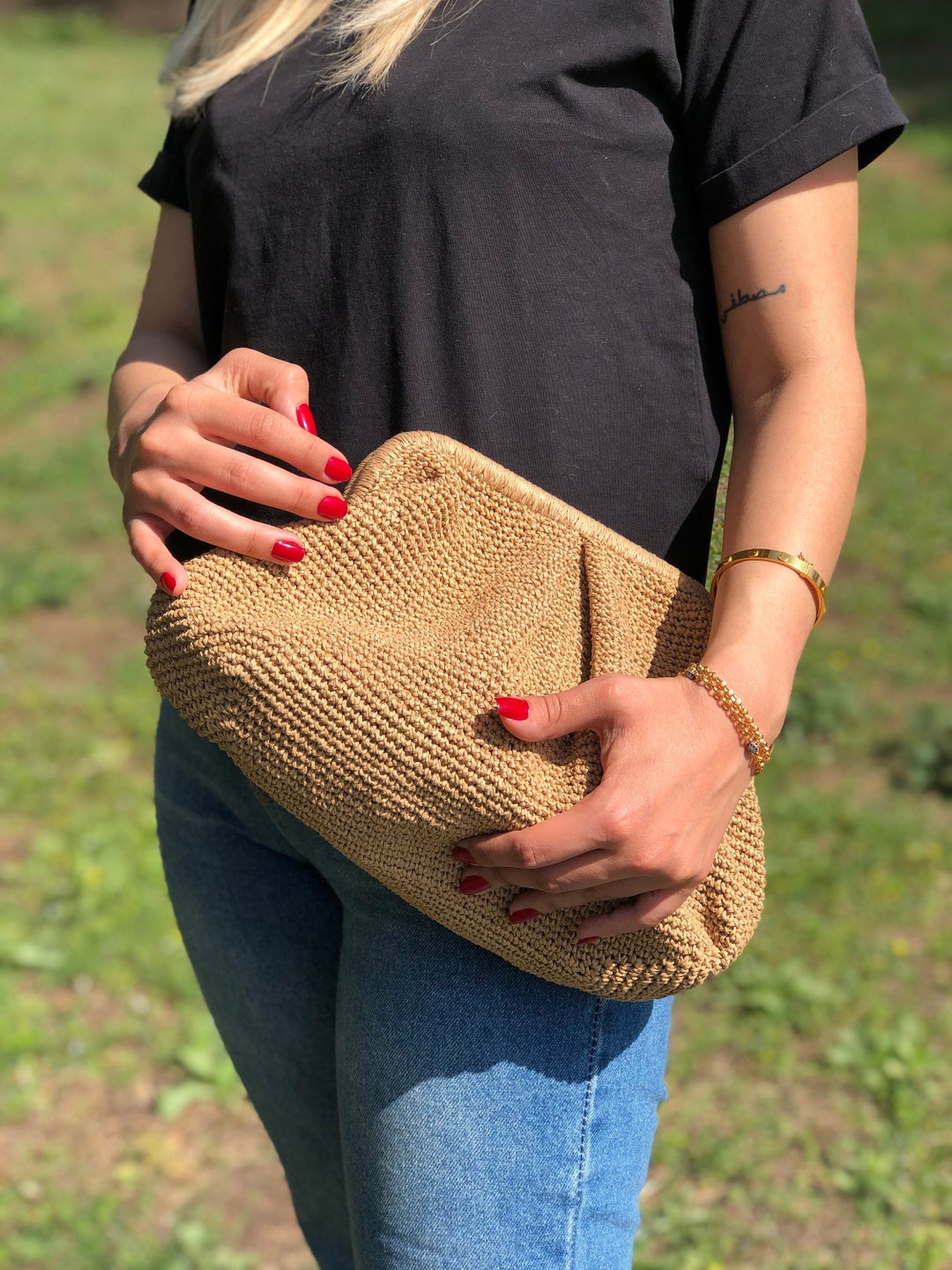 Crochet Natural Raffia Handbag, Straw Summer Wedding Clutch Bag, Small ...