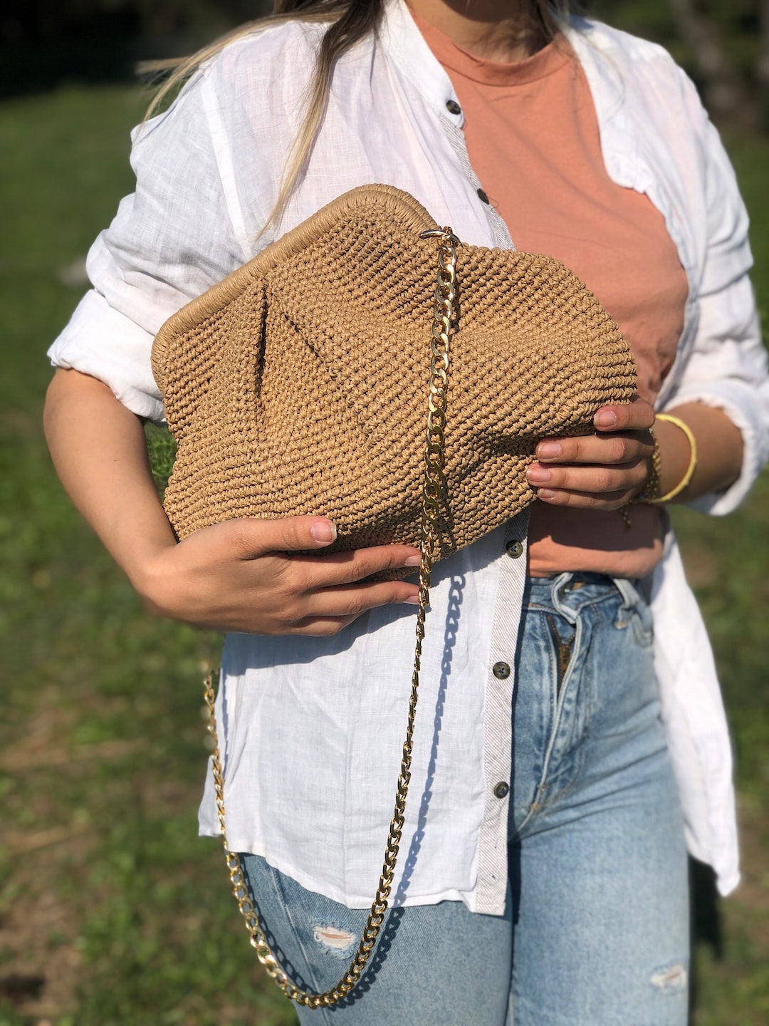 Raffia Camel Pouch Clutch Bag for Women, Natural Summer Handbag, Raffia ...