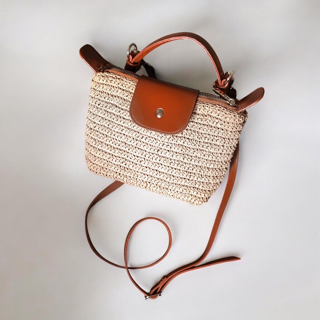 Beige Raffia Mini Crossbody Bag, Summer Leather Crossbody Bag for Women ...