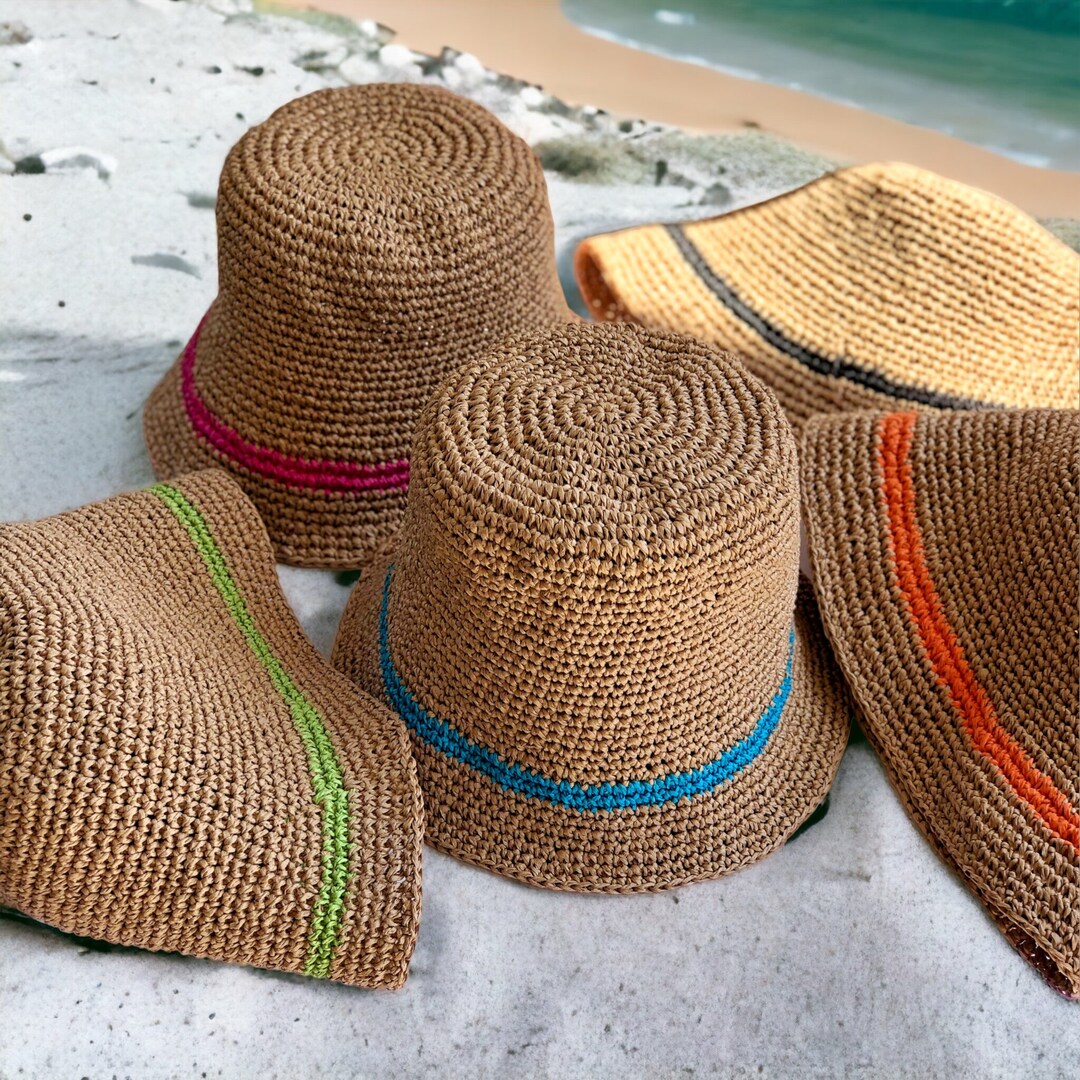 Handmade Crochet Bucket Hat, Natural Raffia Hat, Style Raffia Crochet ...