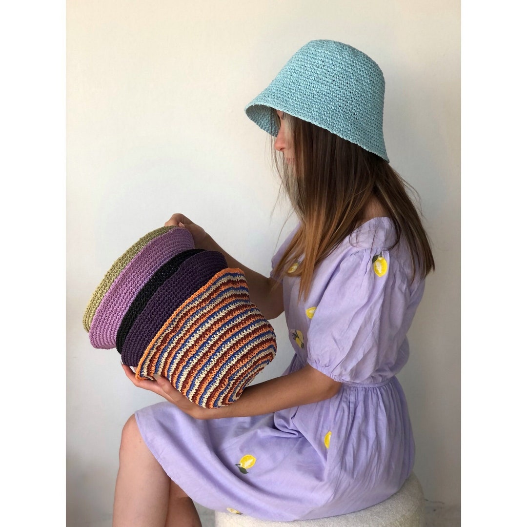 Crochet Raffia Bucket Hat, Unique Design Hat, Crochet Beach Hat, Summer ...