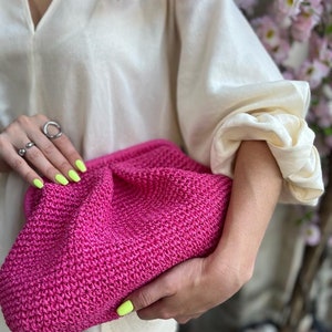 Small Raffia Fuchsia Pouch Clutch Bag for Women, Straw Knitted Raffia ...