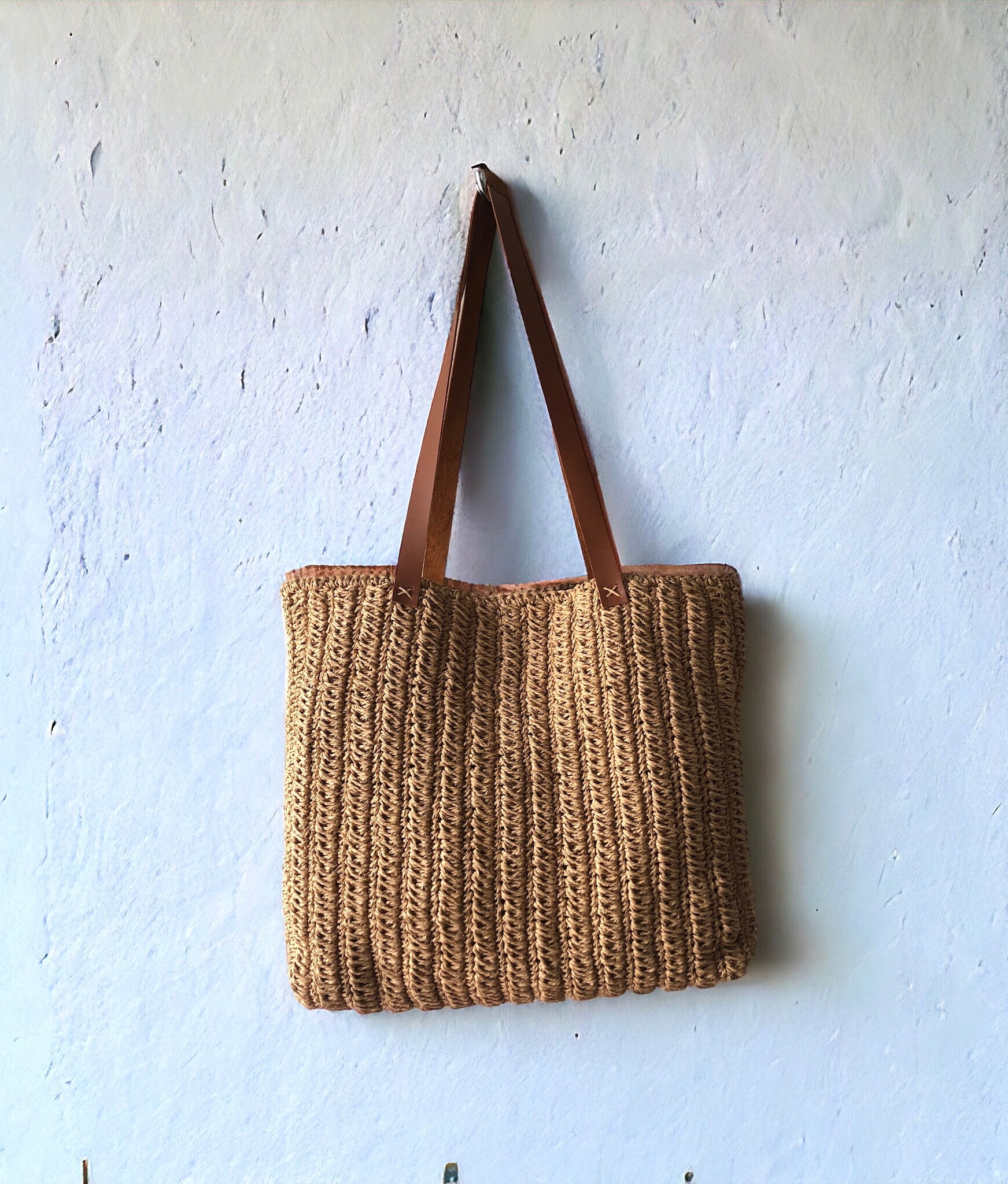 Summer Leather Tote Bag for Women, Raffia Straw Beach Bag, Crochet Boho ...
