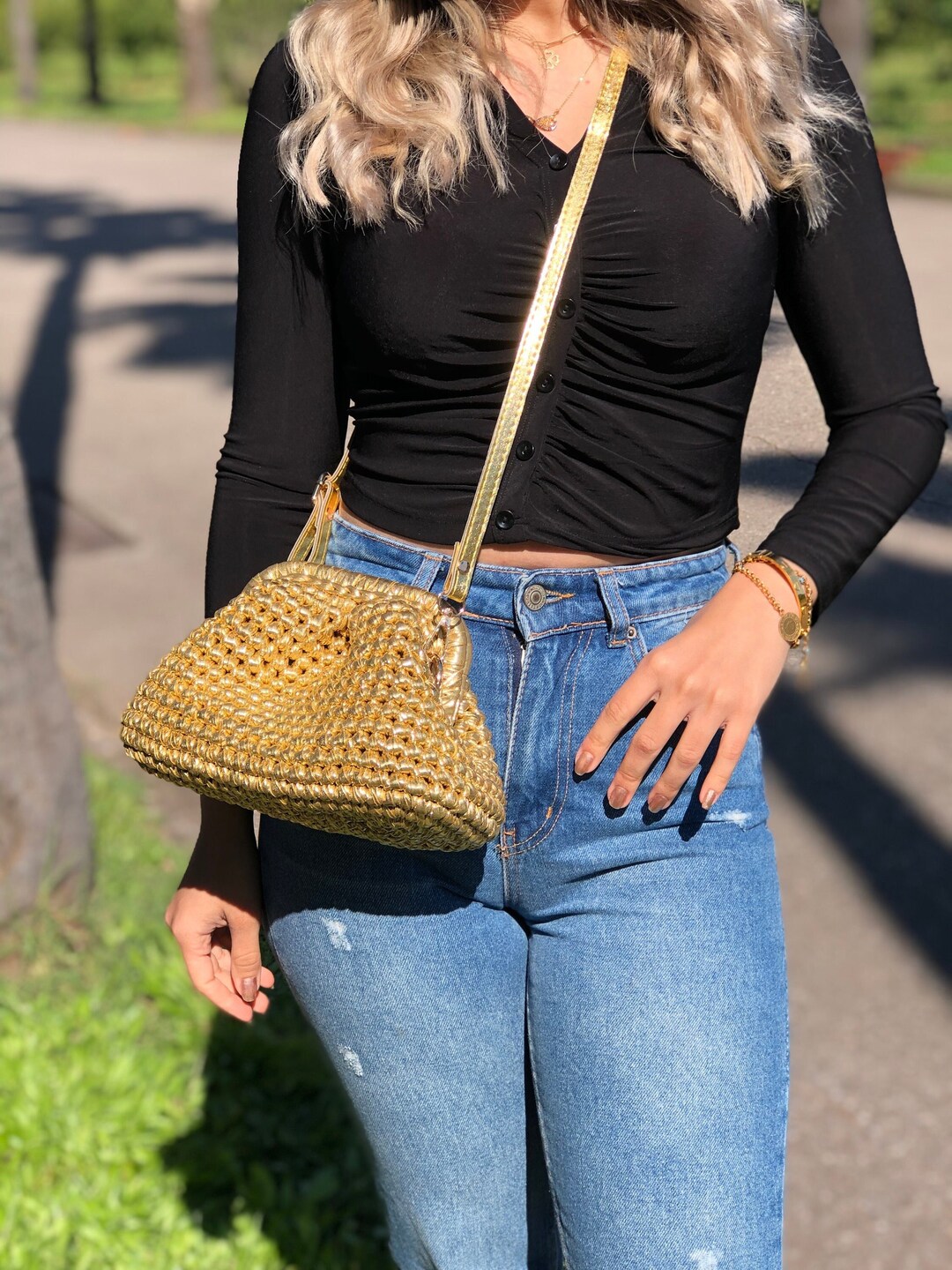 Luxury Metallic Gold Pouch Clutch Bag, Gold Evening Crossbody Bag ...