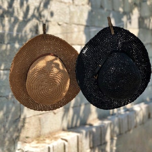 Handmade Crochet Raffia Hat in Leather Accessories, Straw Fedora Hat ...