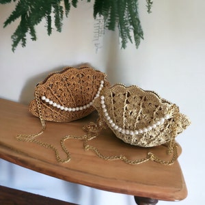Crochet Raffia Oyster Shell Bag, Pearly Mussel Crossbody Bag, Knitted ...