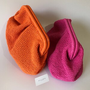 Small Raffia Fuchsia Pouch Clutch Bag for Women, Straw Knitted Raffia ...