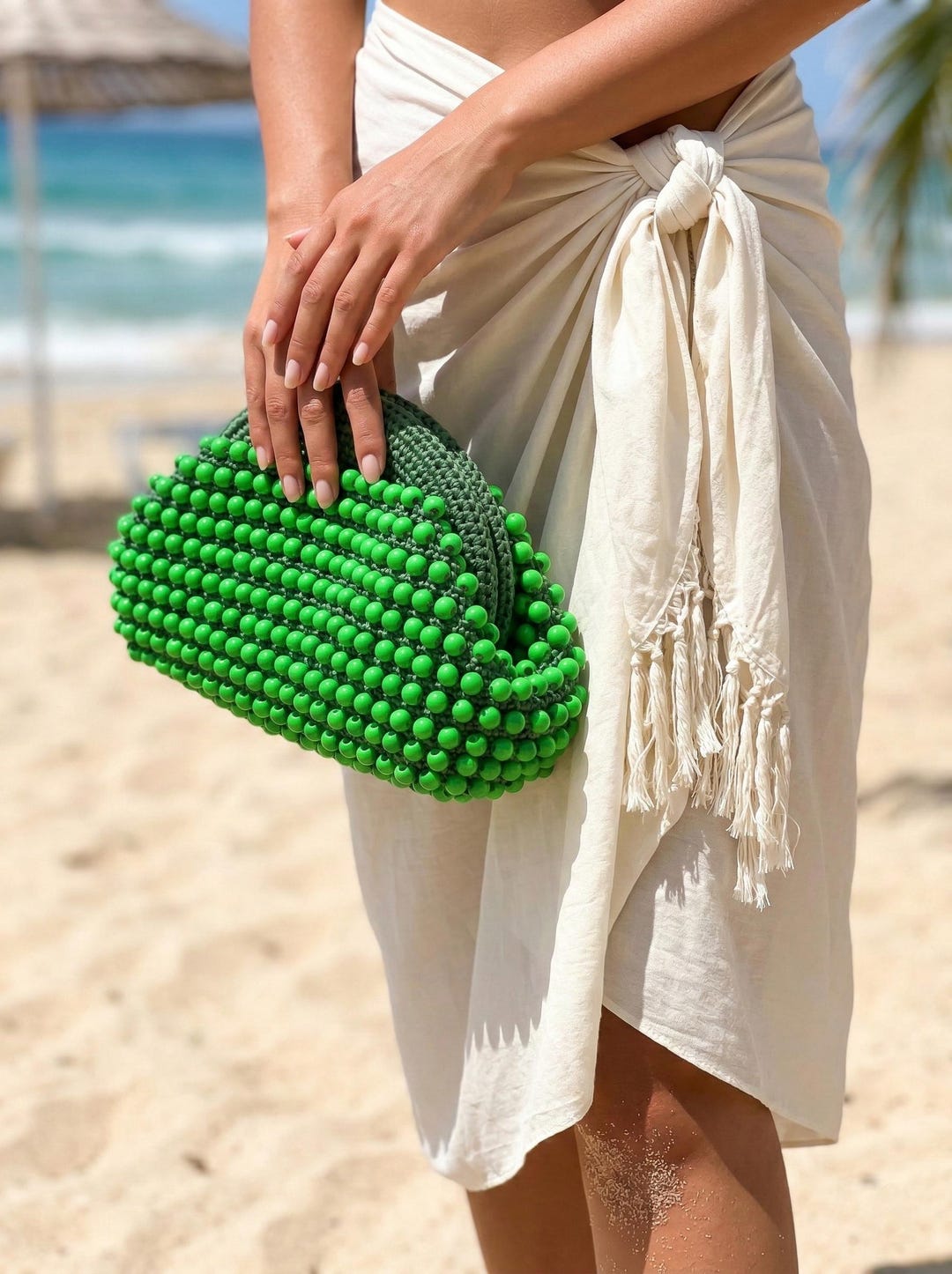 Green Raffia Beaded Clutch Bag for Women, Straw Beach Clutch Bag ...