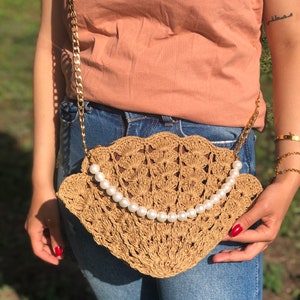 Crochet Raffia Oyster Shell Bag, Pearly Mussel Crossbody Bag, Knitted ...