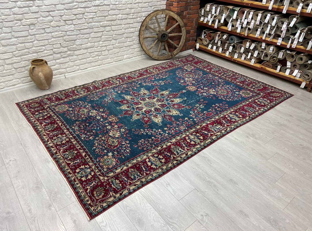 7x10 Vintage Rug - Blue Turkish Rug - Antique Handmade Rug - Bedroom ...
