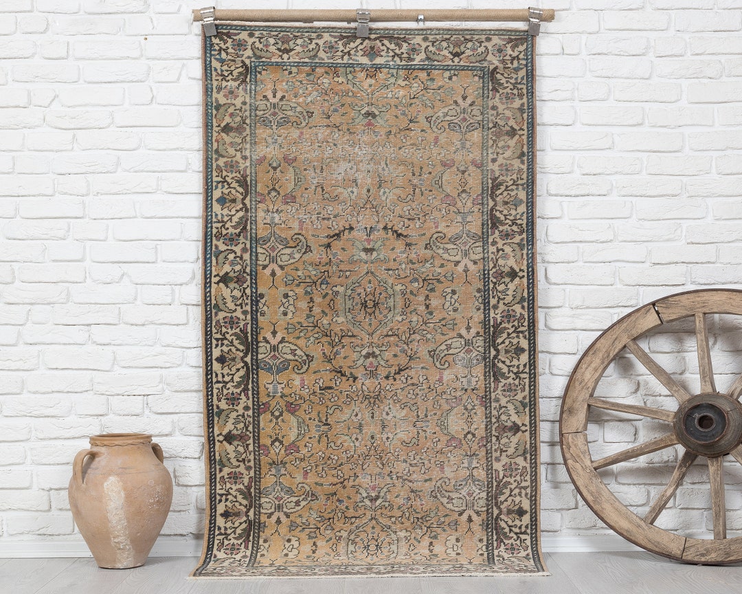 3x6 Vintage Rug Antique Handmade Rug Orange Turkish Area Rug Oushak Rug ...