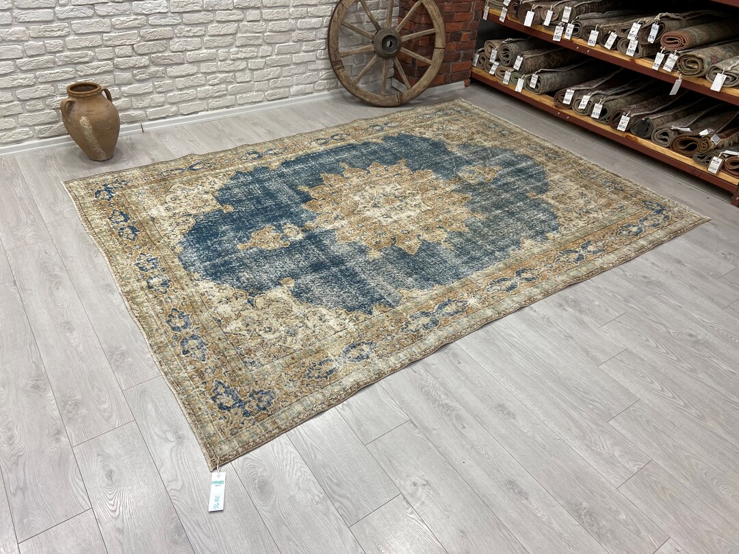 7x9 Vintage Rug Blue Turkish Area Rug Antique Handmade Rug Bedroom Rug ...