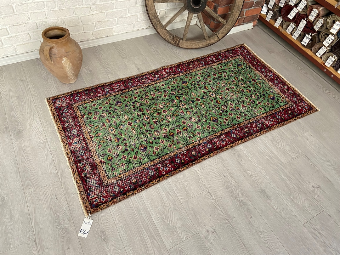 3x6 Vintage Rug | Antique Handmade Rug | Green Turkish Area Rug ...