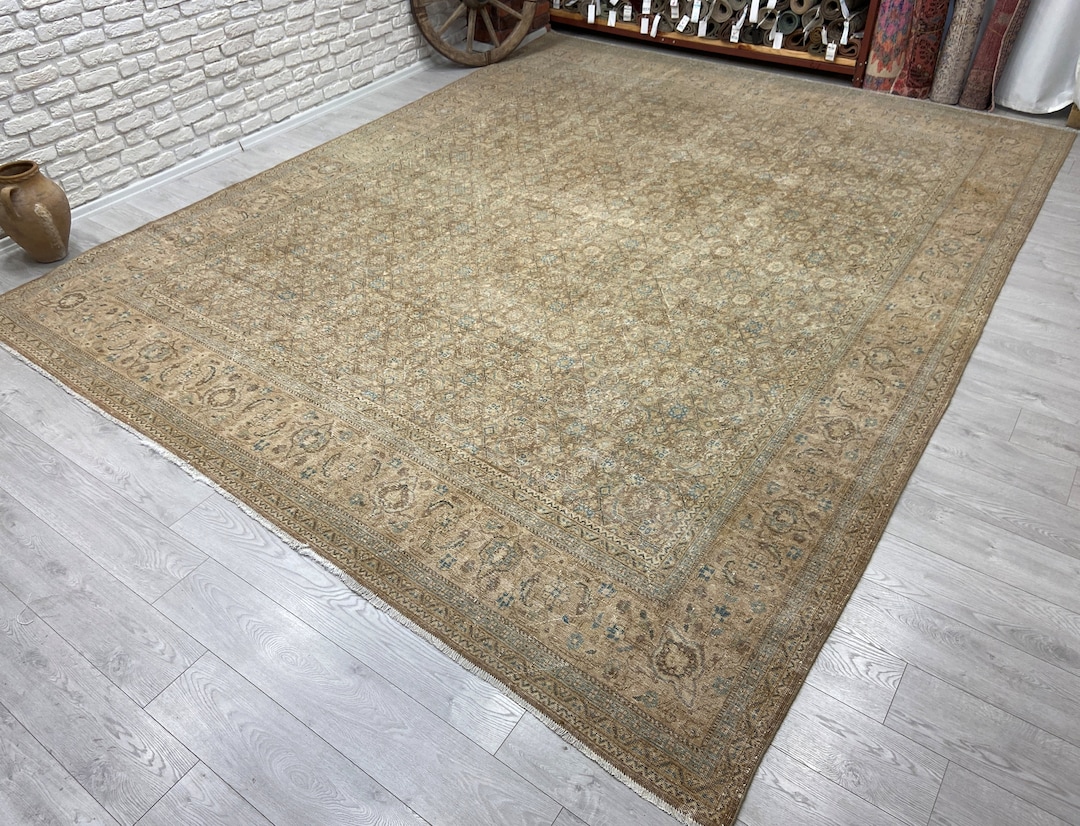 11x14 Persian Vintage Rug Beige Brown Rug Antique Handmade Rug Bedroom ...