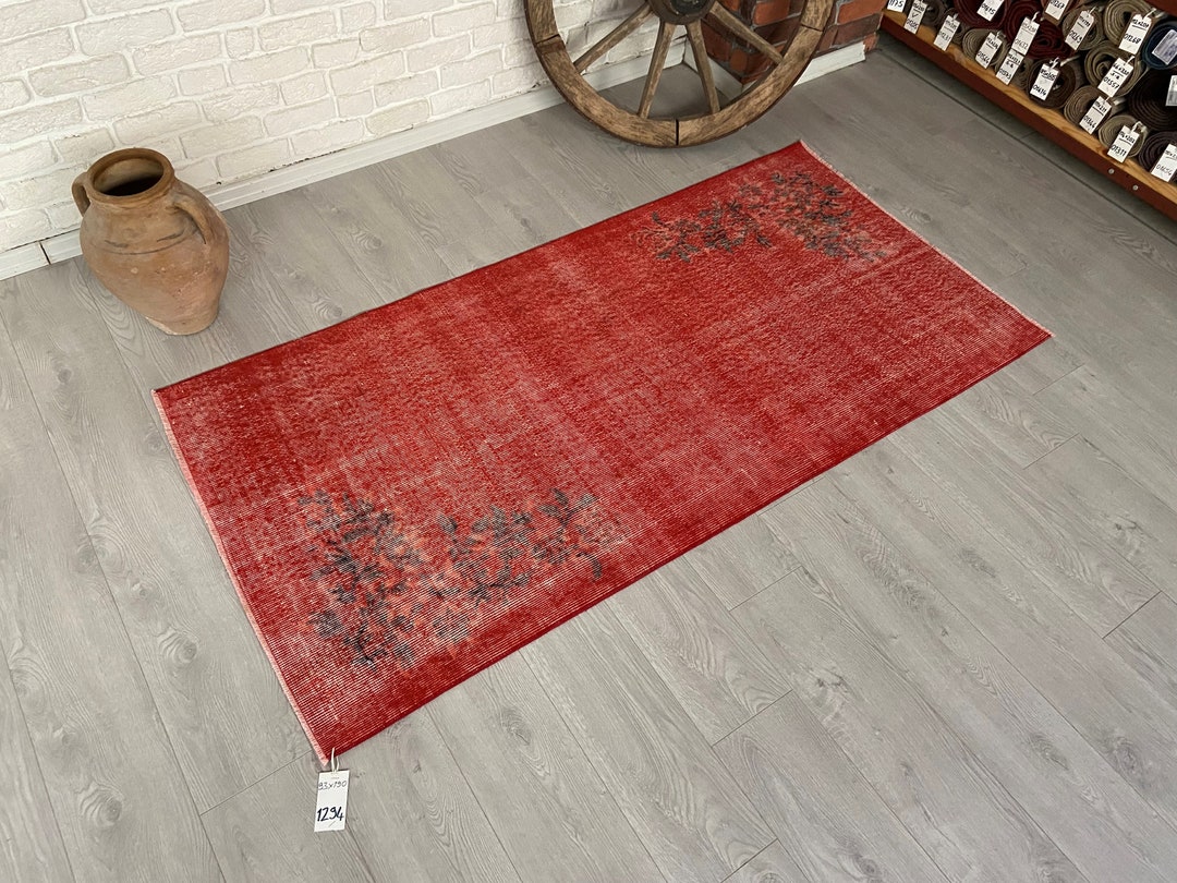3x6 Vintage Rug, Antique Handmade Rug, Red Turkish Area Rug, Anatolian ...