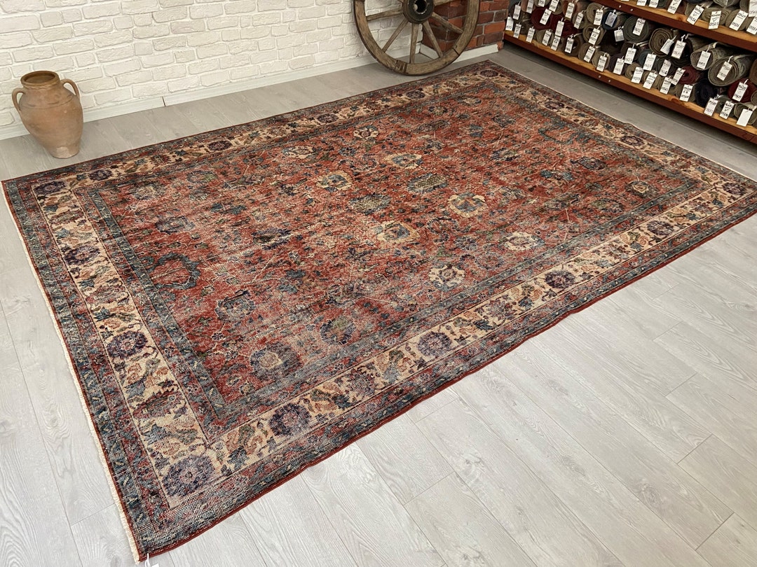 7x11 Vintage Rug - Red Blue Turkish Area Rug - Persian Design - Living ...