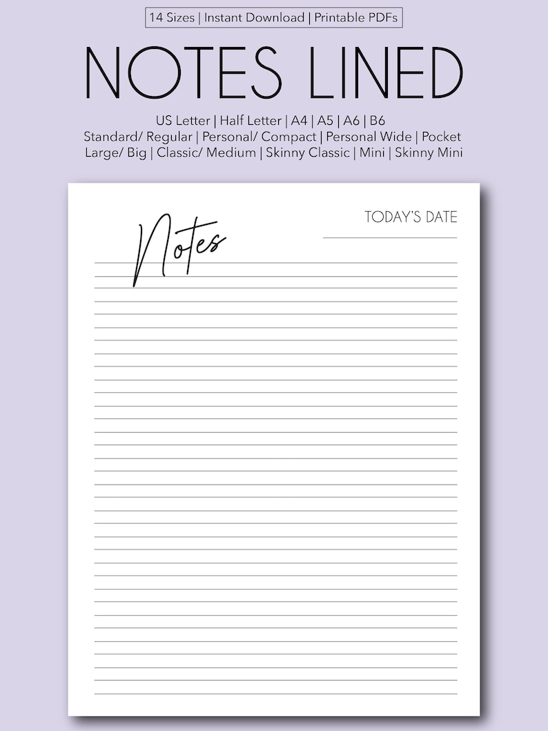 Notes Page- Planner Insert in 14 Sizes - US Letter, Half Letter, A4, A5 ...