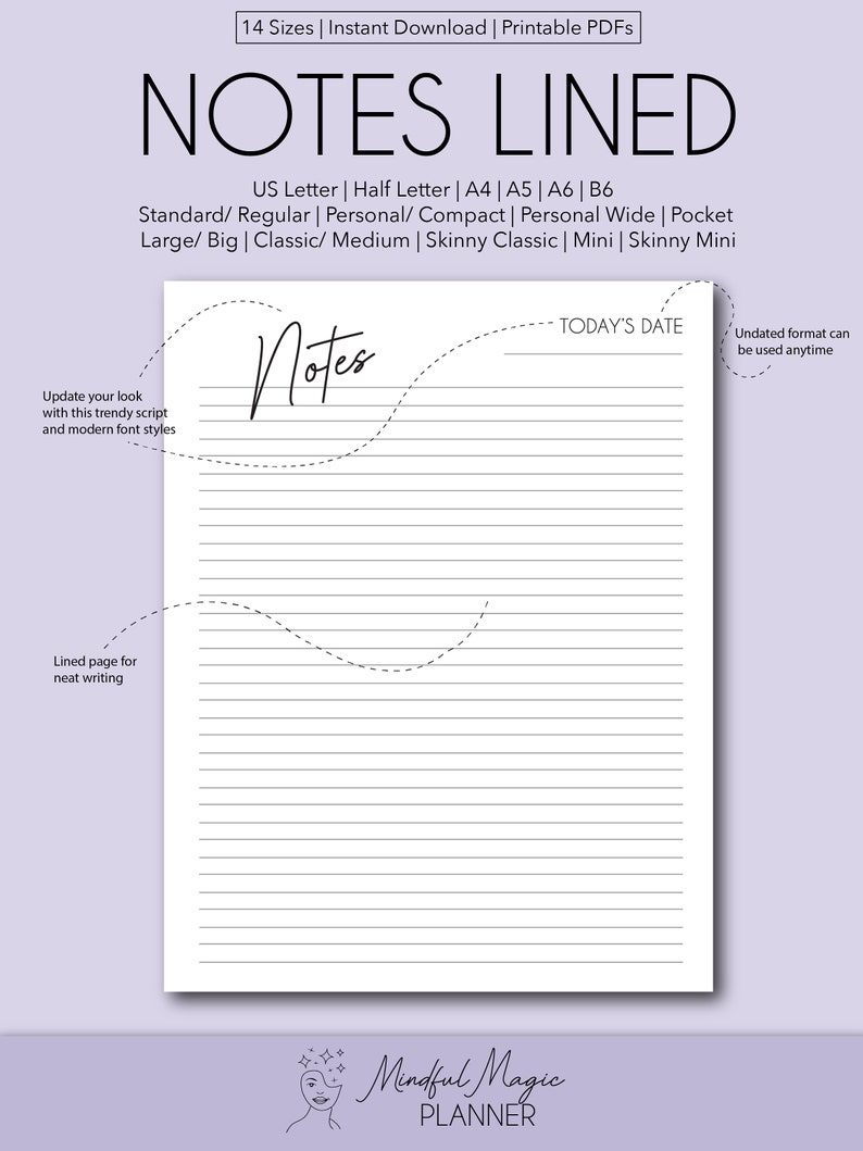 Lined Notes Page Planner Insert: Multiple Sizes (digital Download) - Etsy