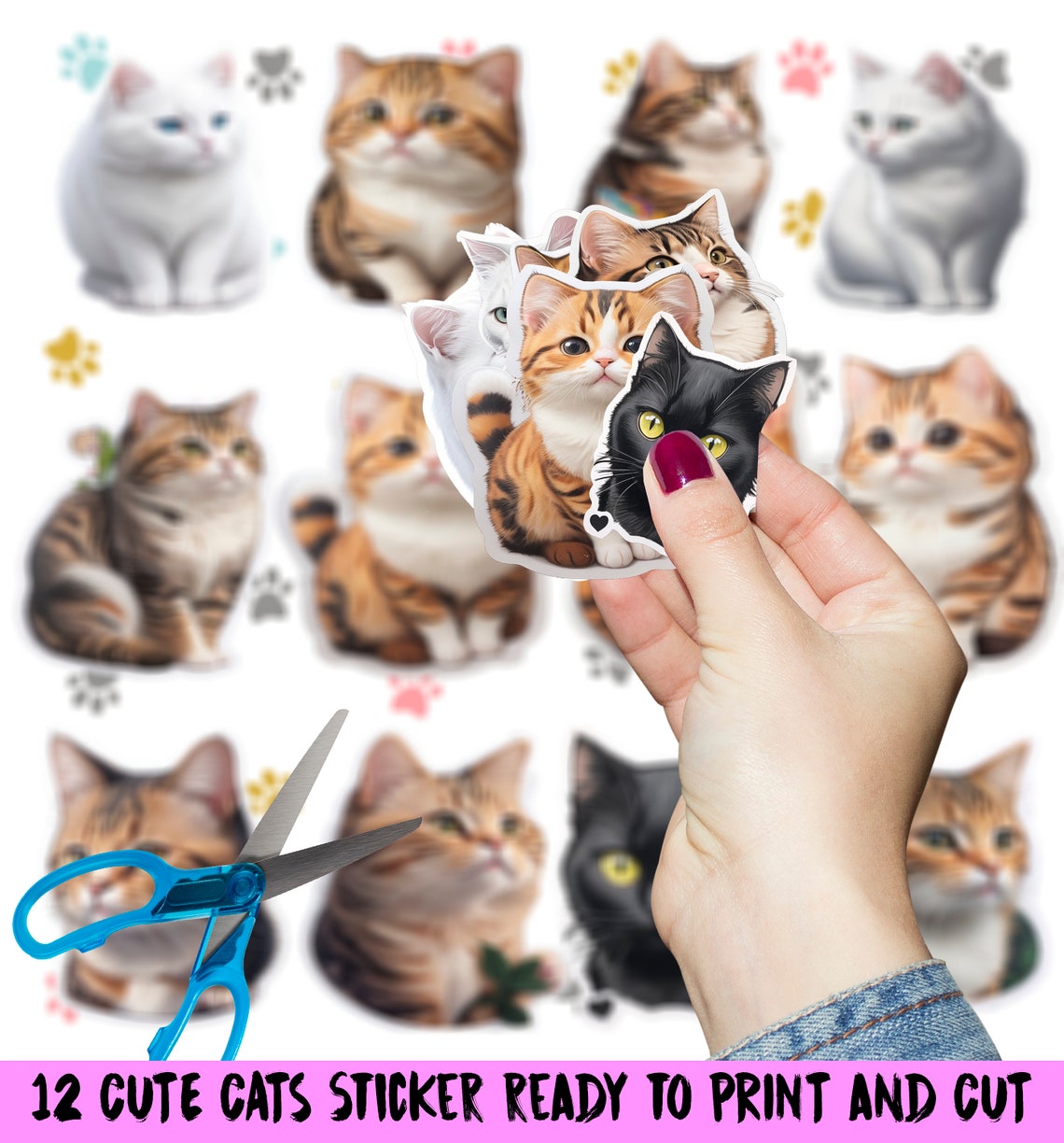 Charming Cat Print and Cut Digital PNG Sticker Sheets, Featuring 12 ...