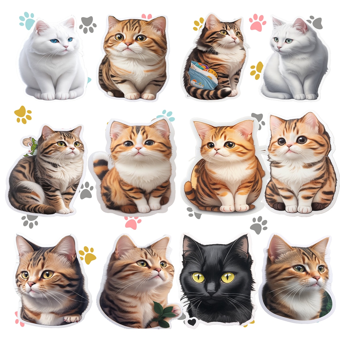 Charming Cat Print and Cut Digital PNG Sticker Sheets, Featuring 12 ...