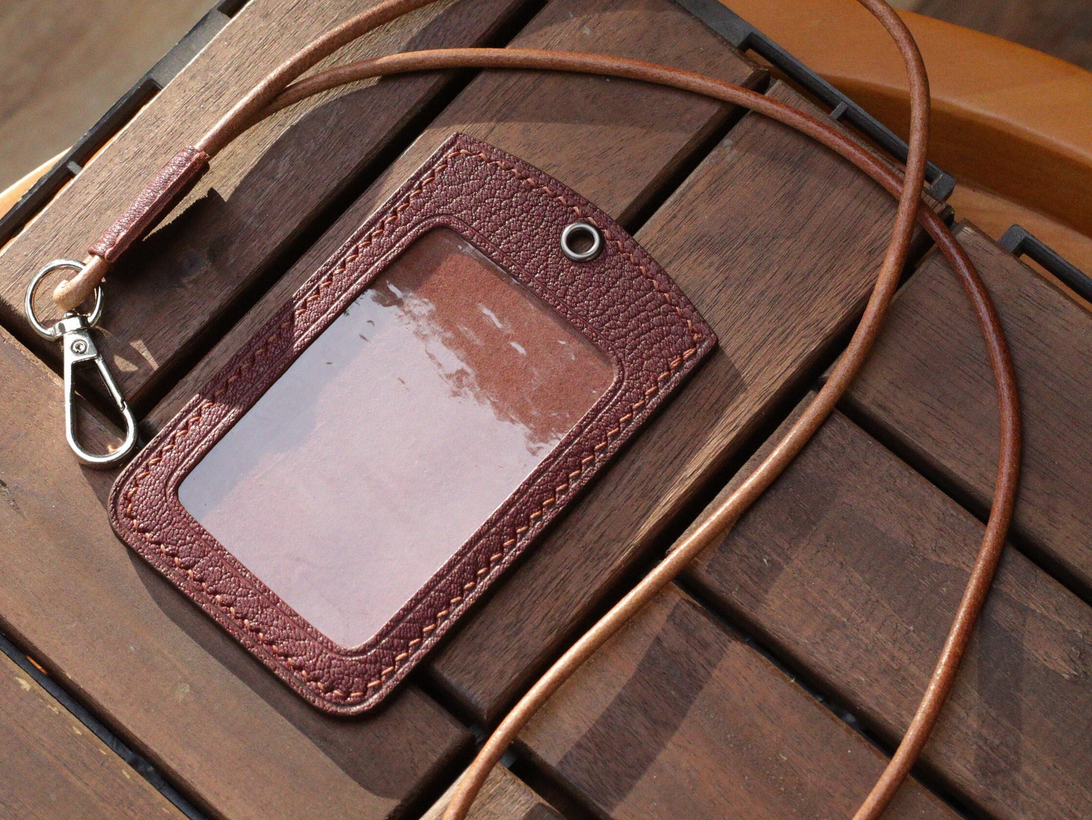 Leather Lanyard ID Card Holder Custom Emboss Name Chevre - Etsy