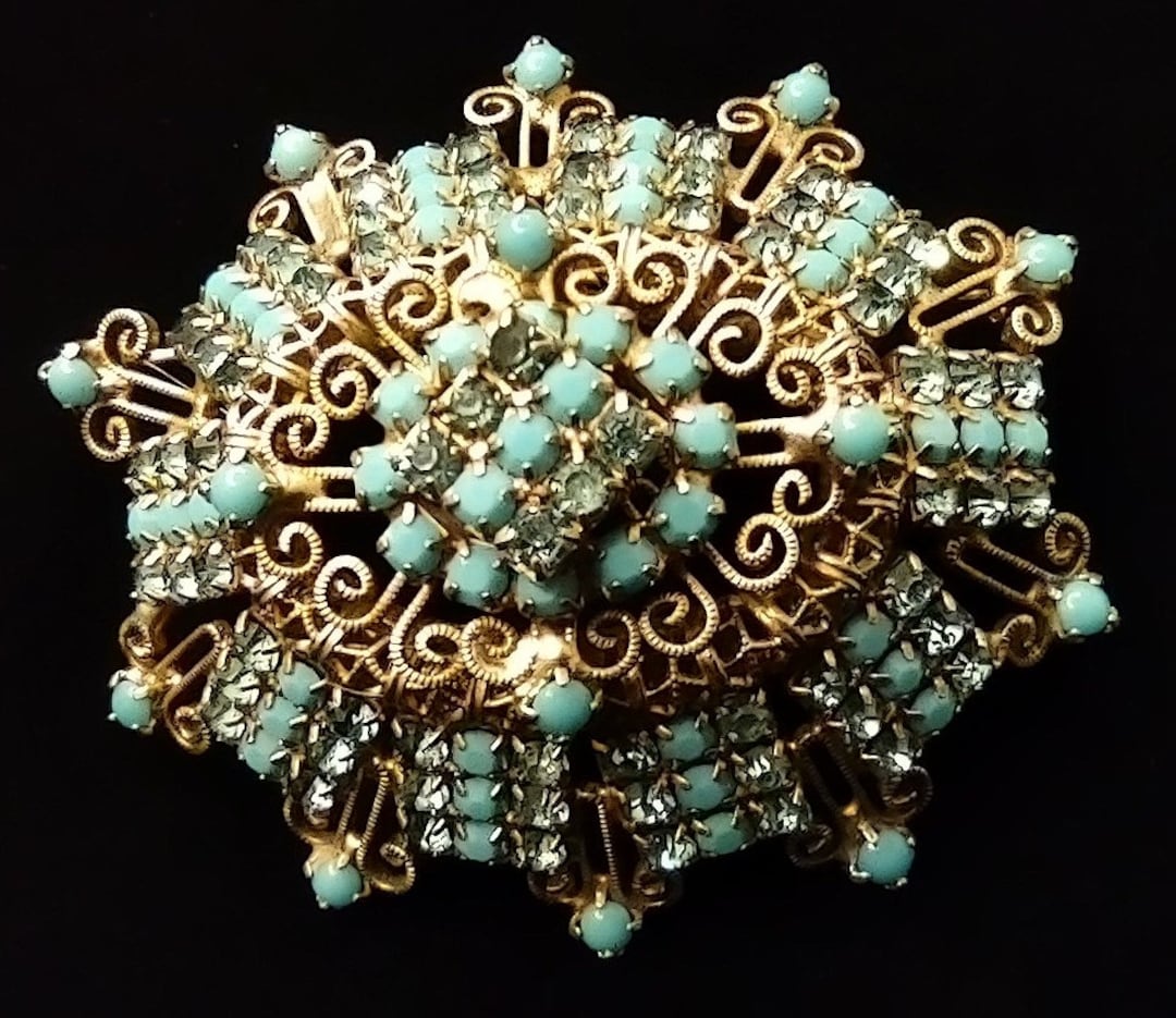 Hobe Faux Turquoise & Rhinestone Brooch - Etsy