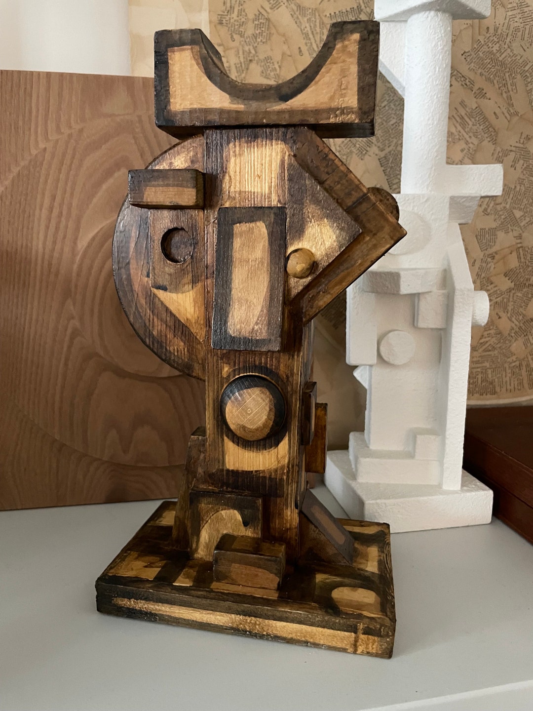 Brutalist Wooden Sculpture Midcentury Style Abstract Face Totem ...