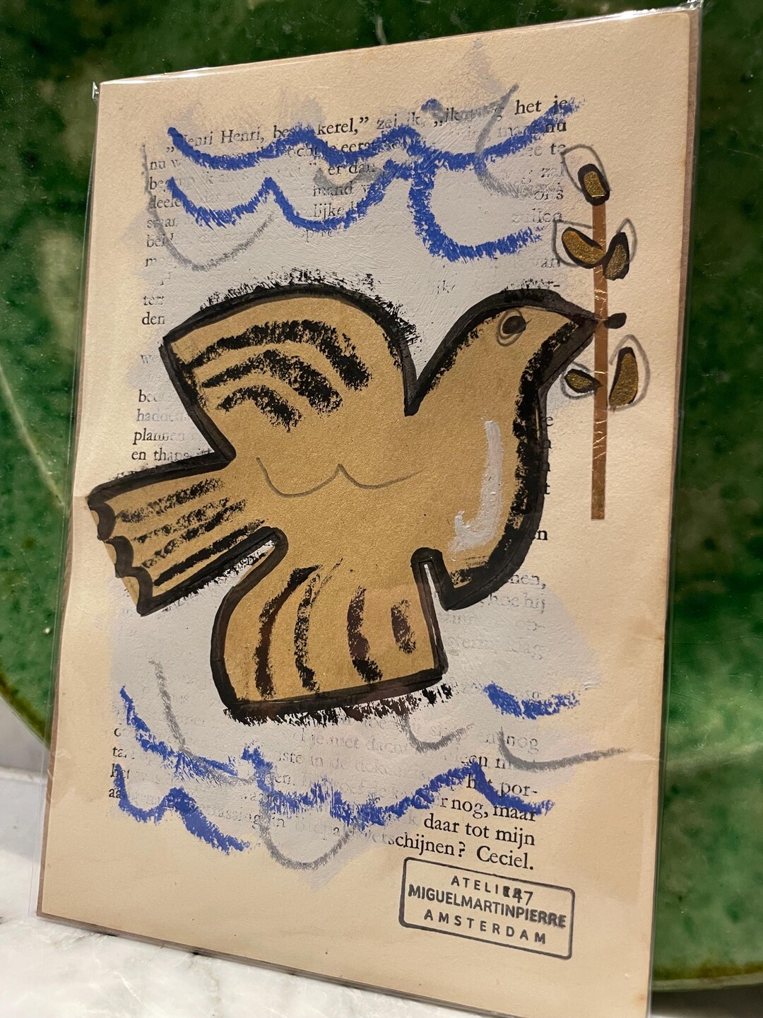 Dove Collage With Gold Twig on Vintage Paper, Original Artwork Handmade ...