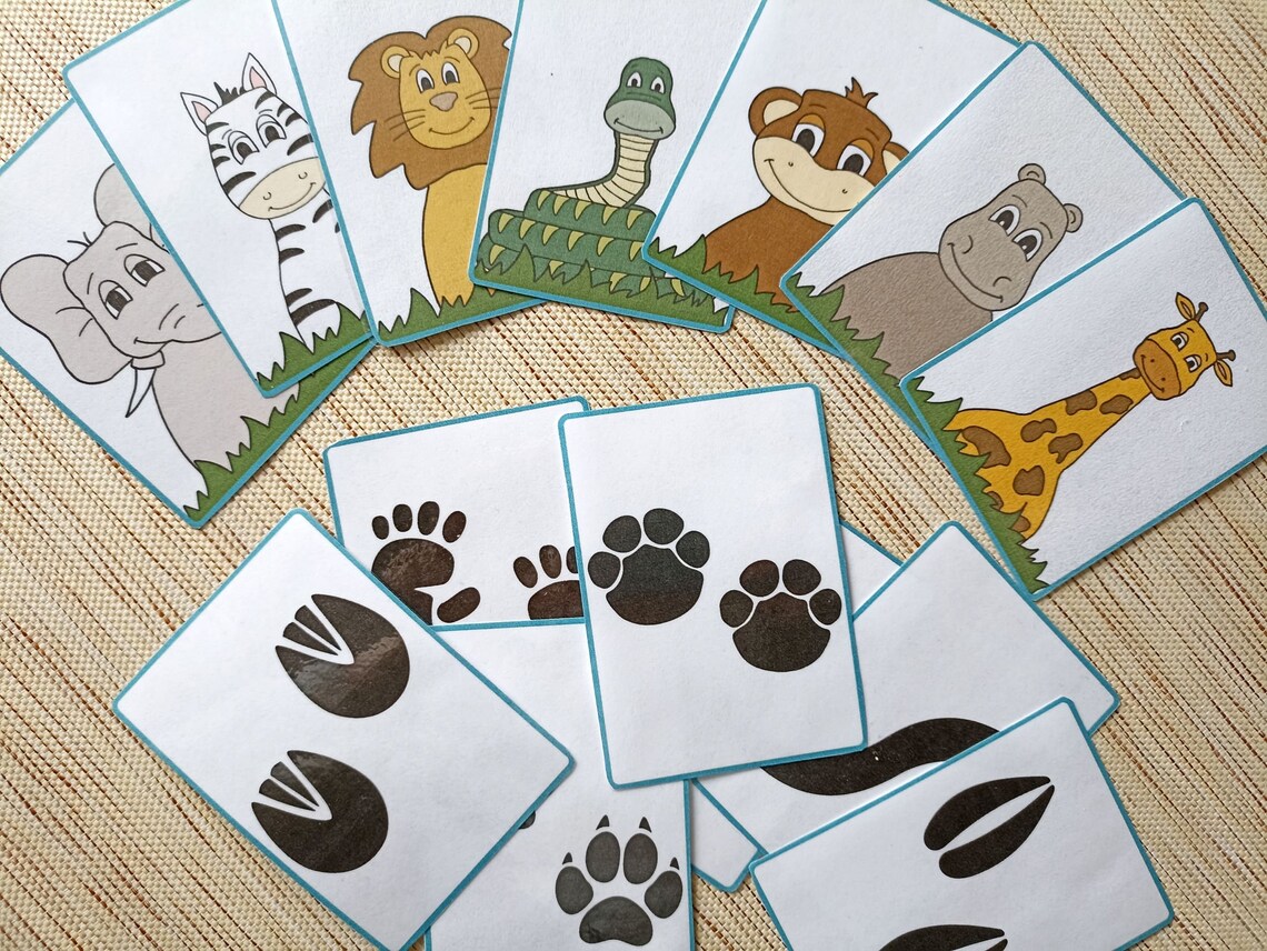Printable Matching Game; Wild Animals, Footprints; Find the Pairs; Card ...