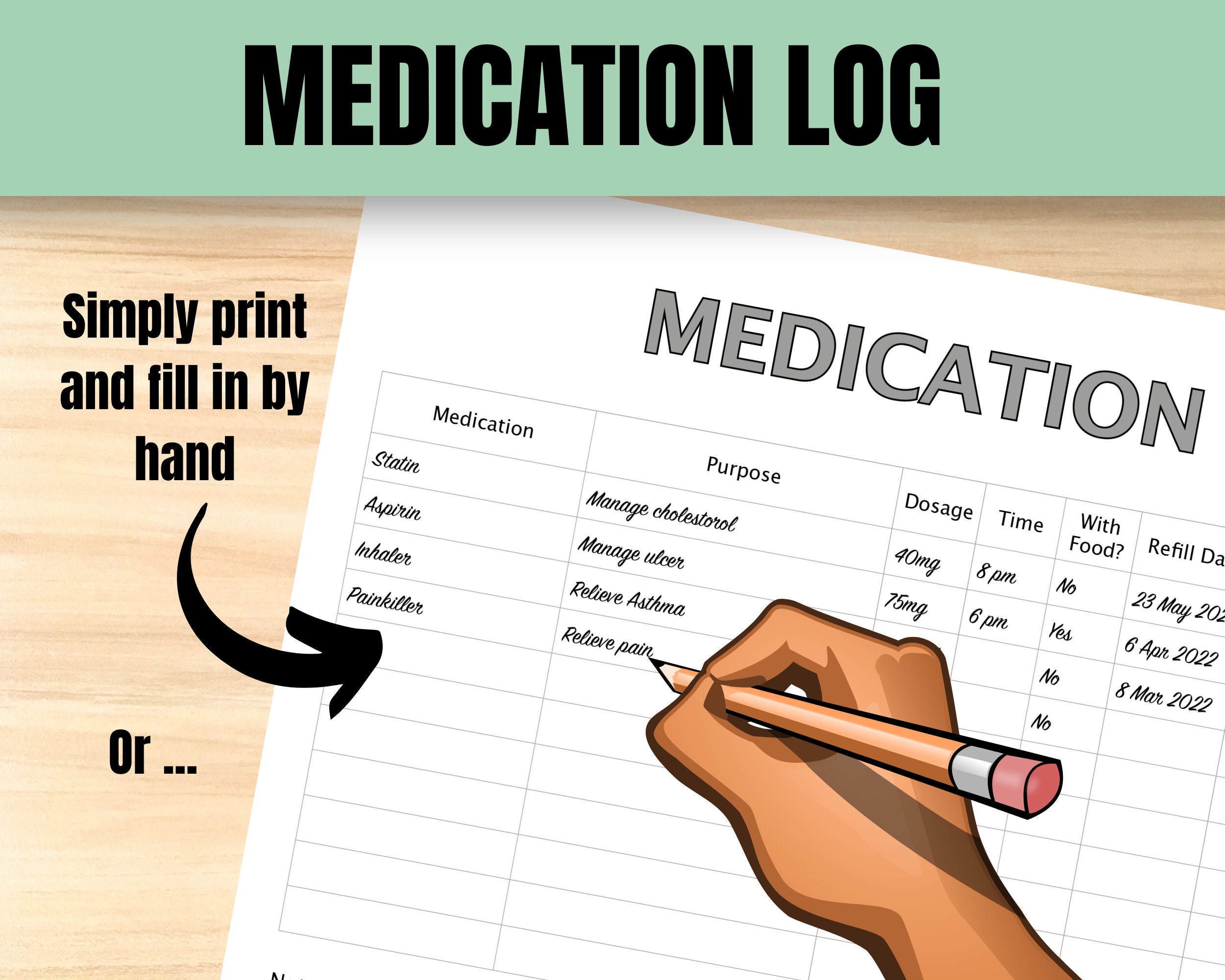 Printable and Editable Medication Log Track Medications for Yourself ...