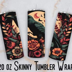 Raven PNG, Skinny Tumbler Wrap PNG, Floral Moon and Raven Sublimation ...