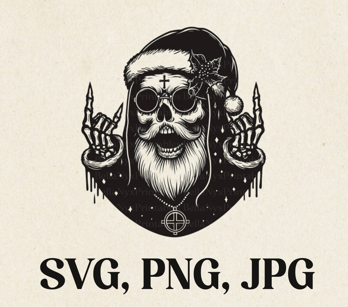 Gothic Santa SVG, Rock N Roll Devil Horns, Creepy Santa Clause Clipart ...