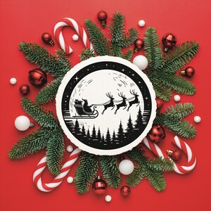 Santa and Reindeer Silhouette SVG, Santa Flying Over Treetops Svg ...