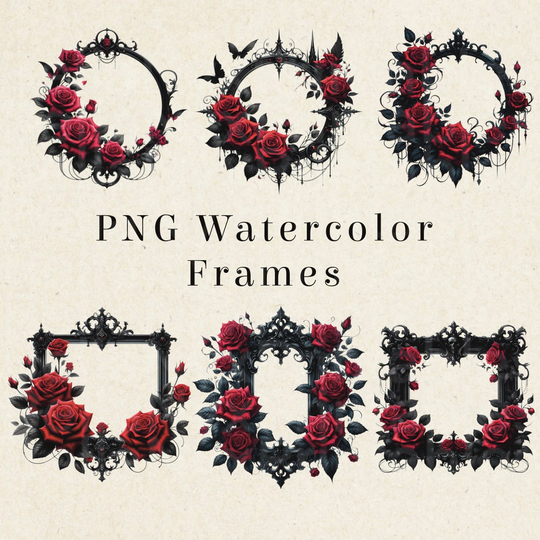 Black Gothic Frames With Red Roses PNG, Watercolor Frames Sublimation ...