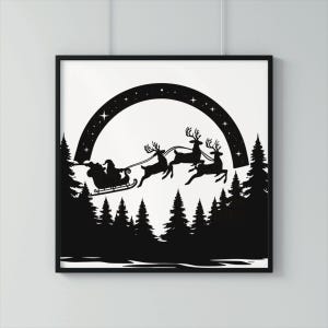 Santa and Reindeer Silhouette SVG, Santa Flying Over Treetops Svg ...