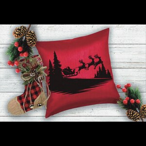 Santa and Reindeer Silhouette SVG, Santa Flying Over Treetops Svg ...