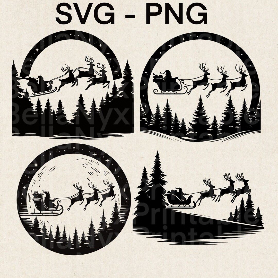 Santa and Reindeer Silhouette SVG, Santa Flying Over Treetops Svg ...