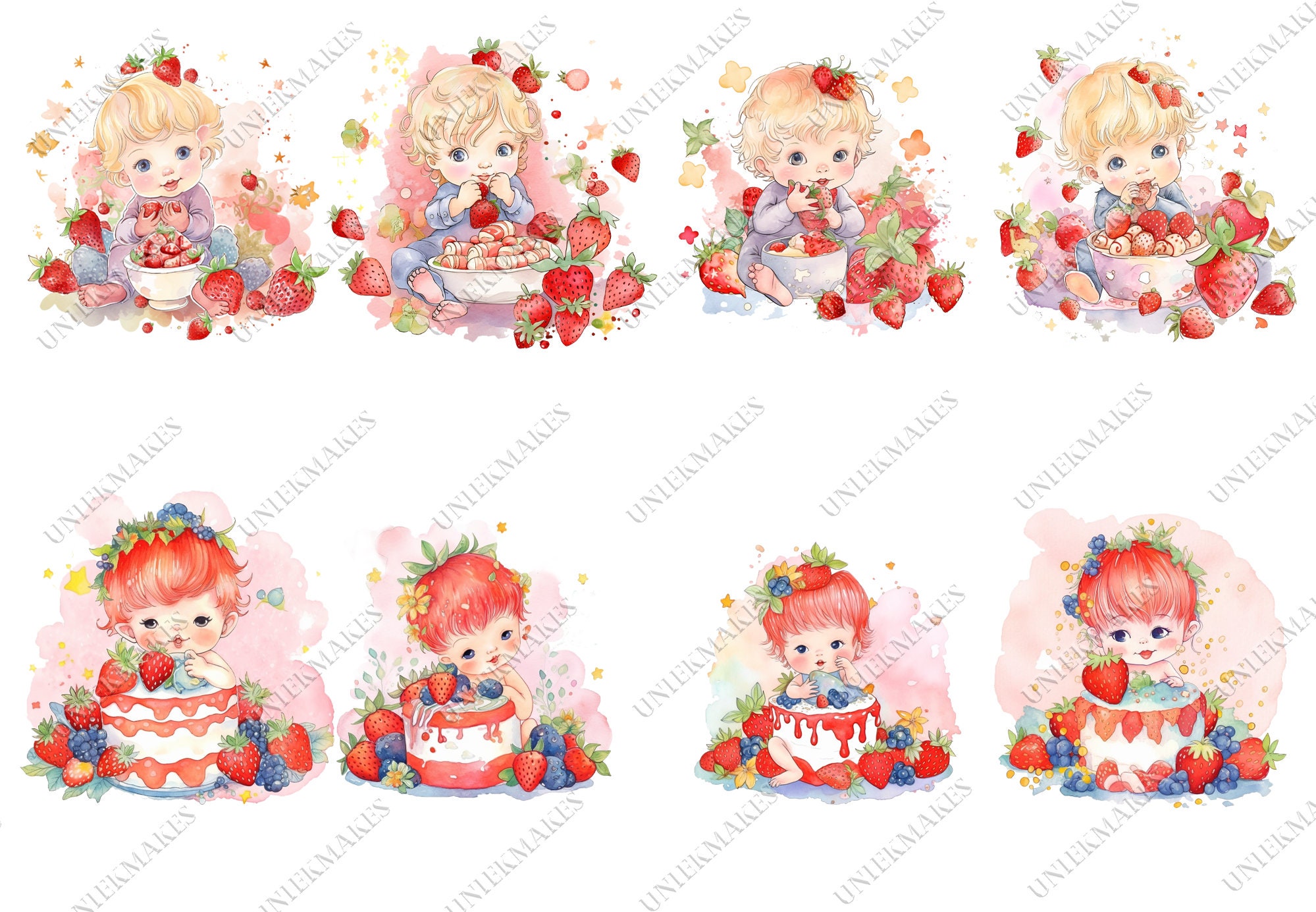 Watercolor Strawberry Baby Clipart - Digital Png Strawberry Babies With ...