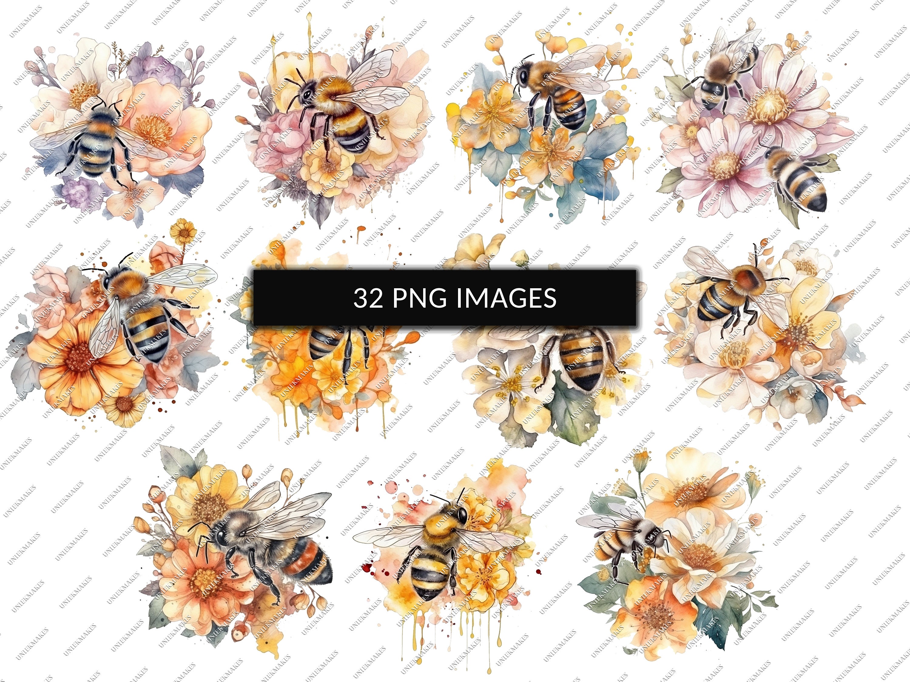 Watercolor Bees & Flowers Clipart - Digital Png Bees and Flowers ...