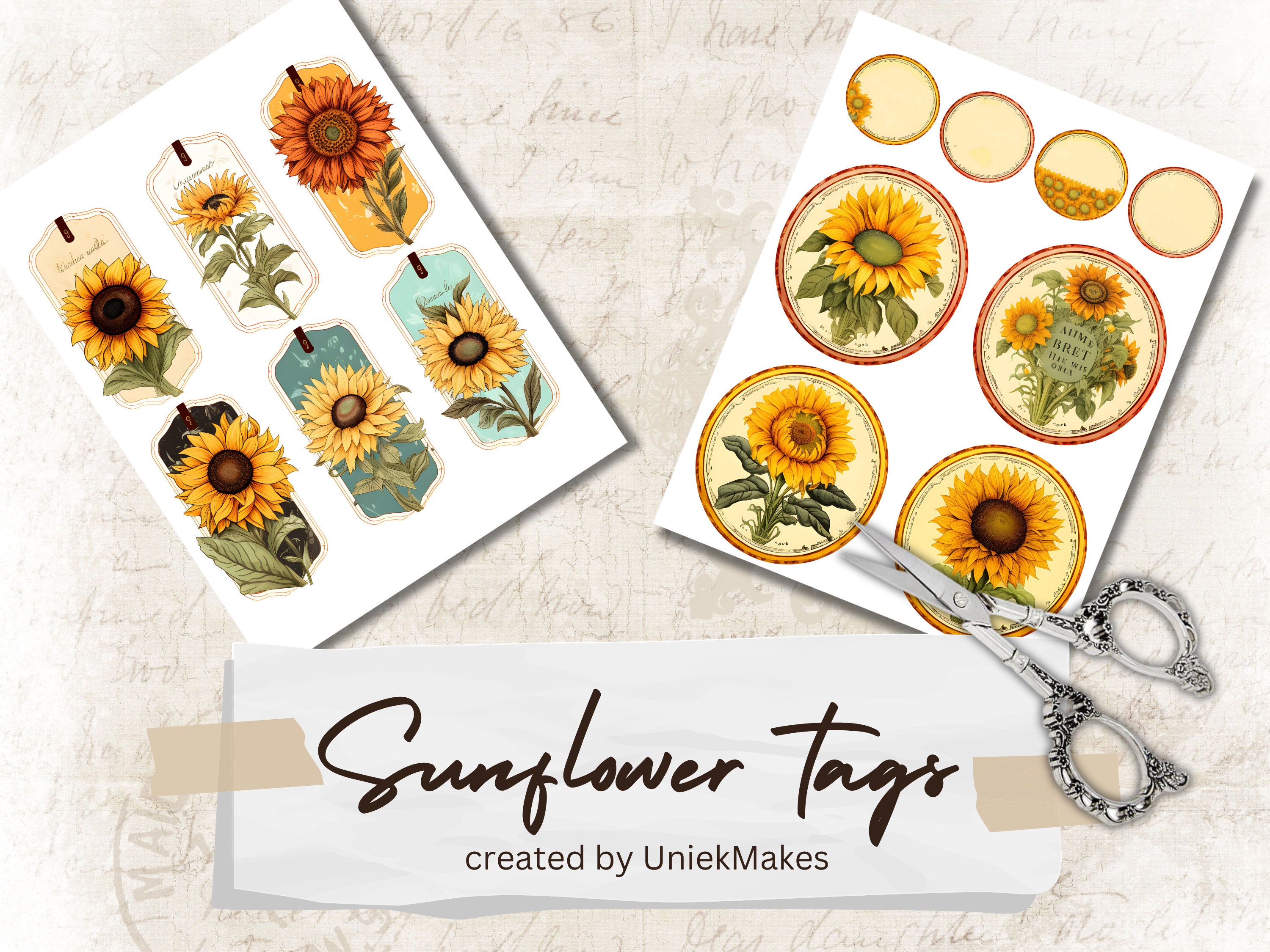 Sunflower Journal Tags, Junk Journal Ephemera, Fussy Cut, Printable ...