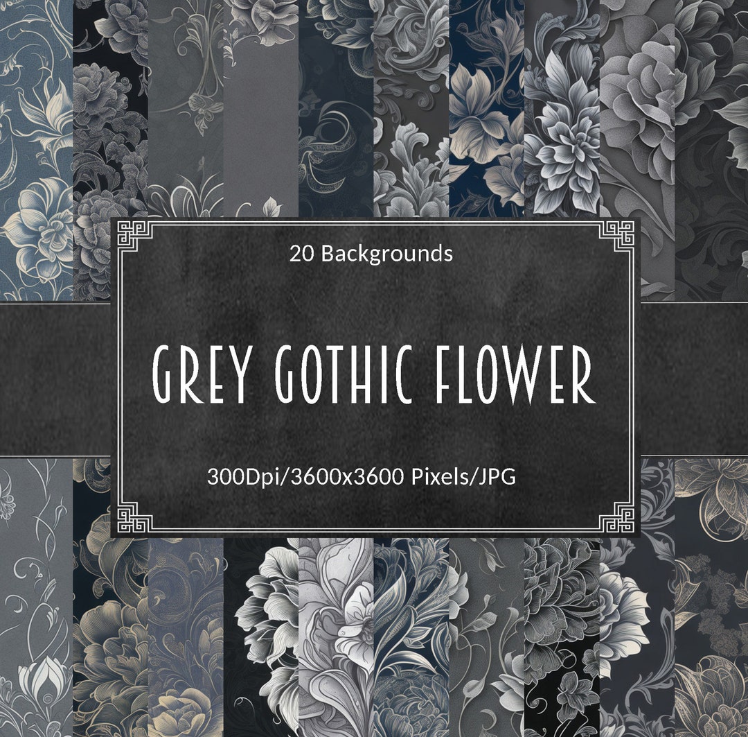 Grey and Black Floral Digital Paper, Seamless Grey Flowers Printable ...