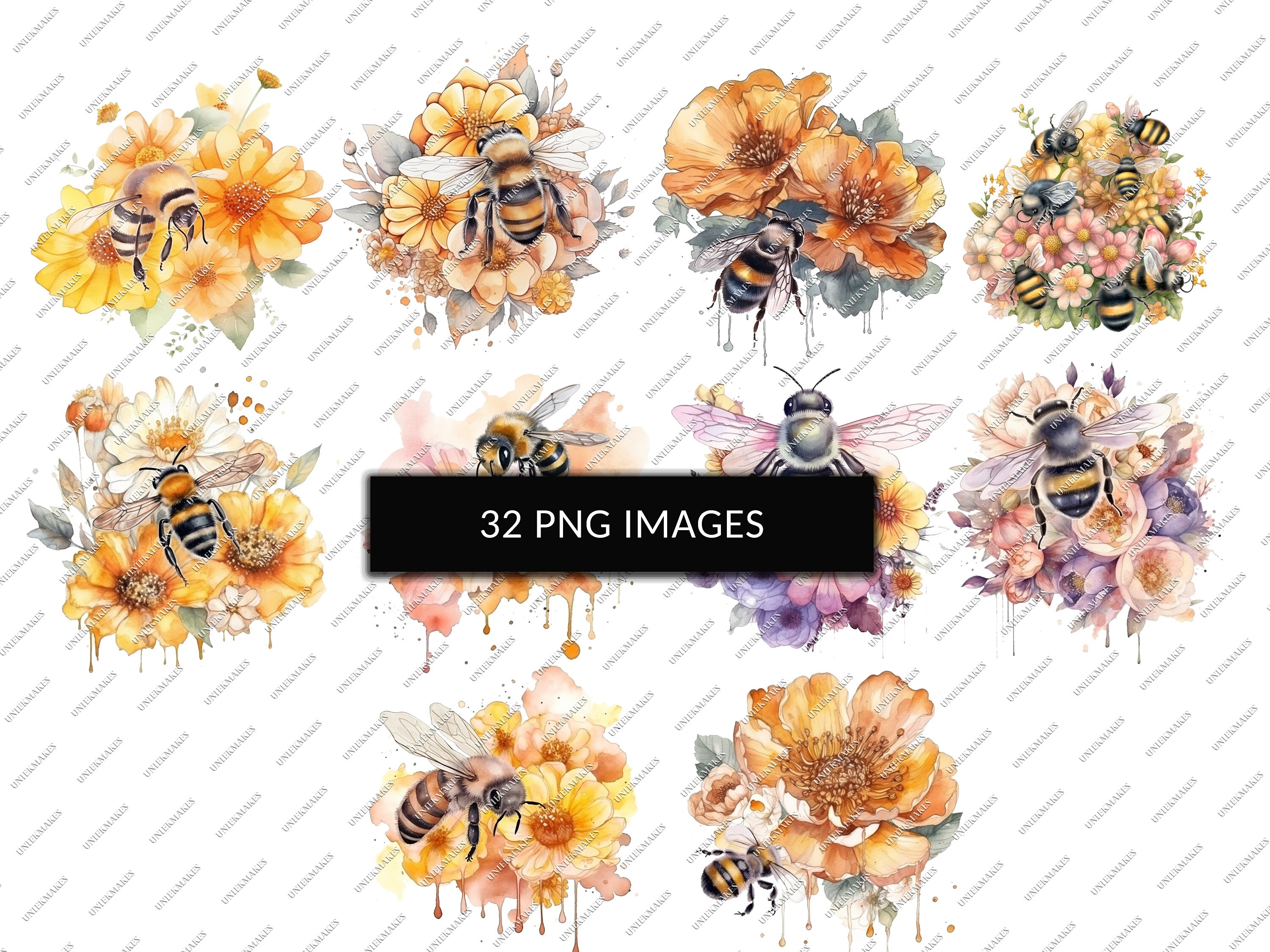 Watercolor Bees & Flowers Clipart - Digital Png Bees and Flowers ...